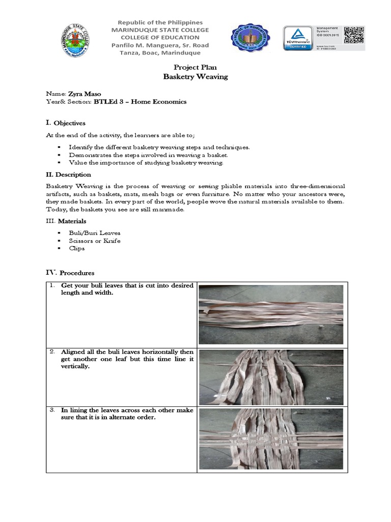 Basketry Weaving Project Plan | PDF | Wellness | Science & Mathematics