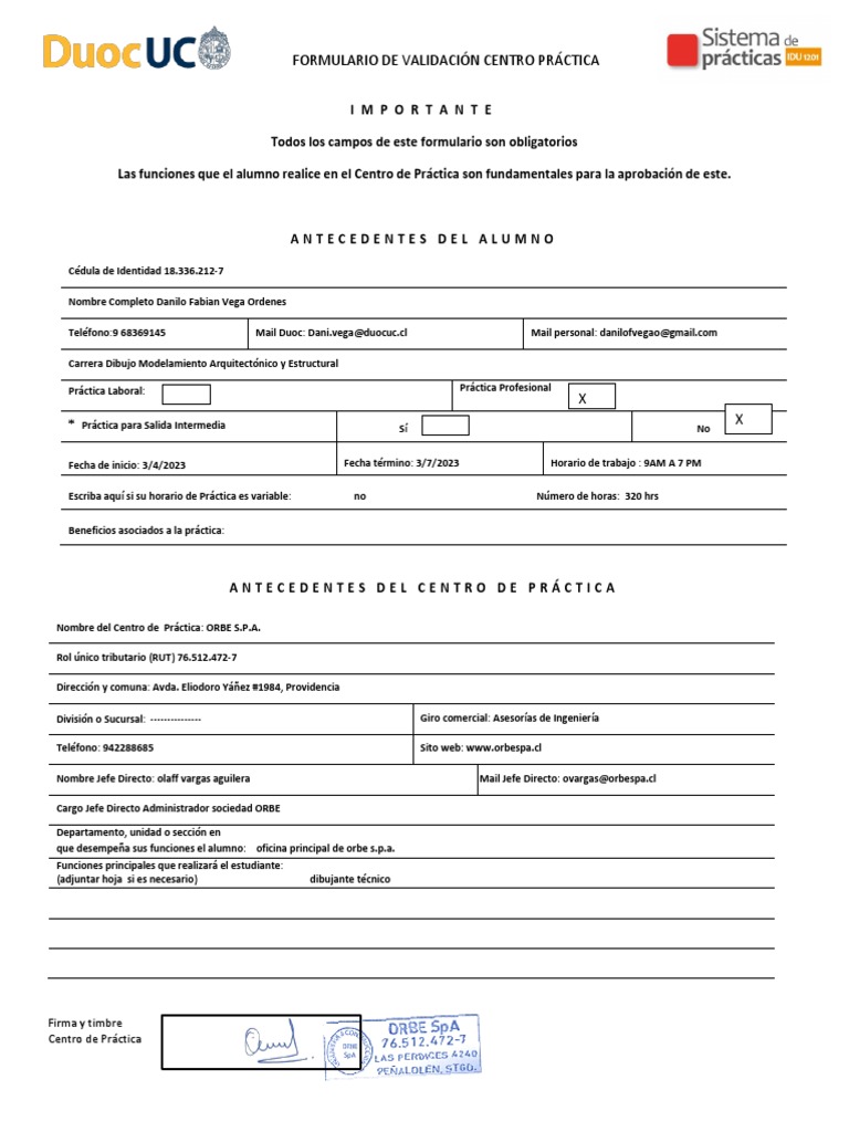 Formulario Validación Centro Práctica | PDF