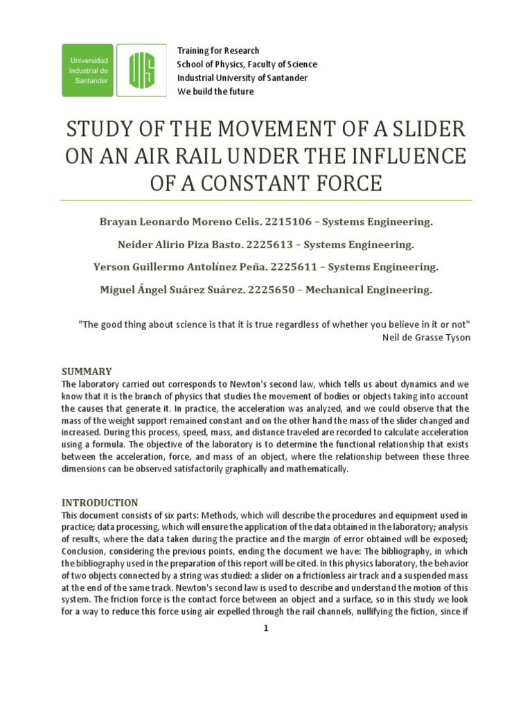 Study of The Motion of A Slider On An Air Rail Under The Influence of A Constant Force-1 | PDF ...