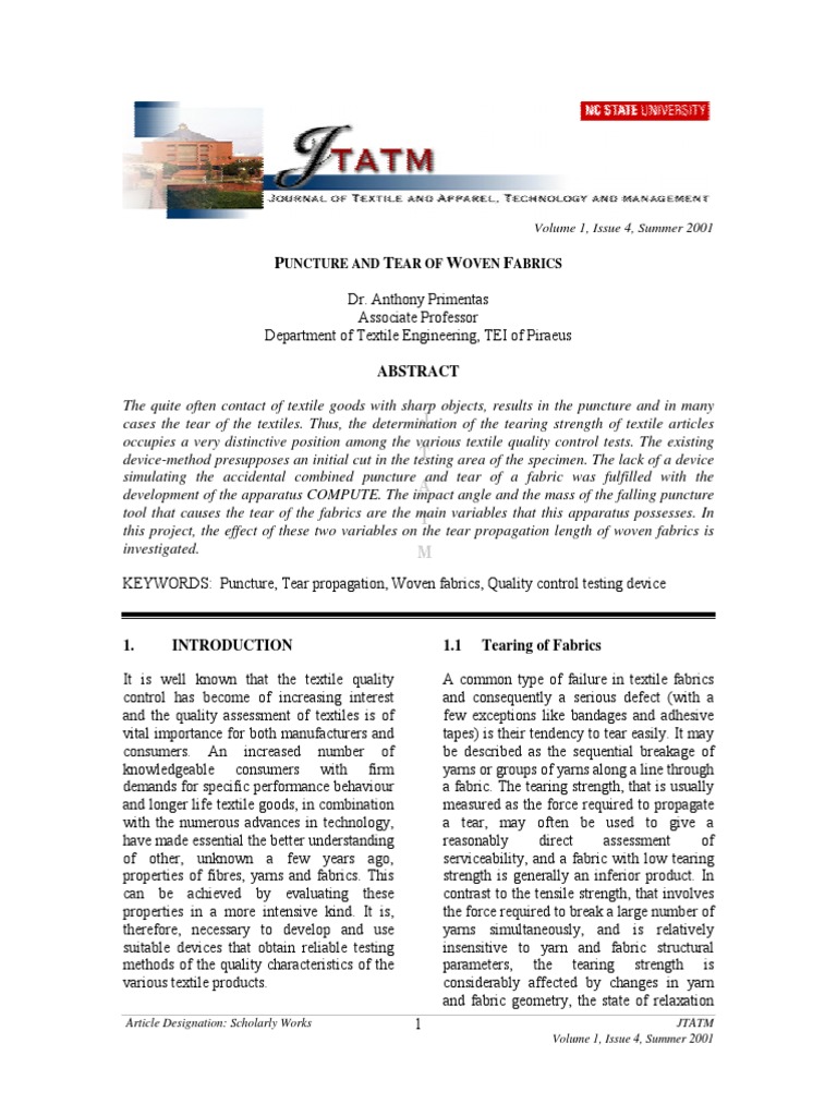 Puncture and Tear of Woven Fabrics | PDF | Textiles | Yarn