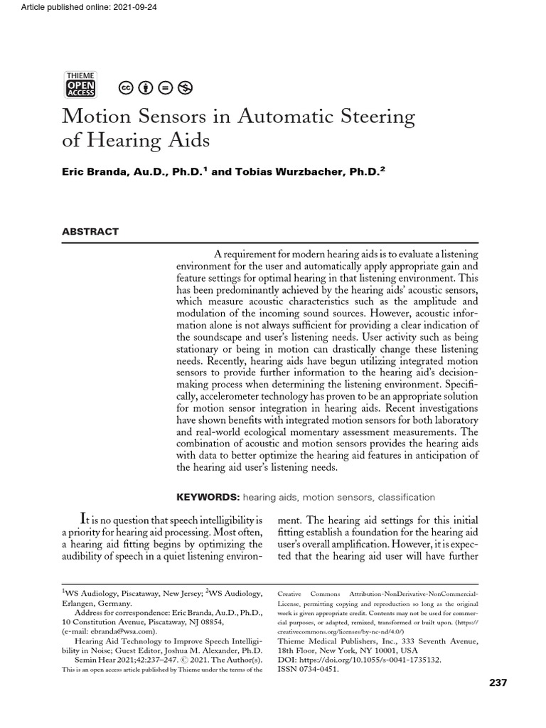 Motion Sensors in Automatic Steering of Hearing Aids: Thieme | PDF ...