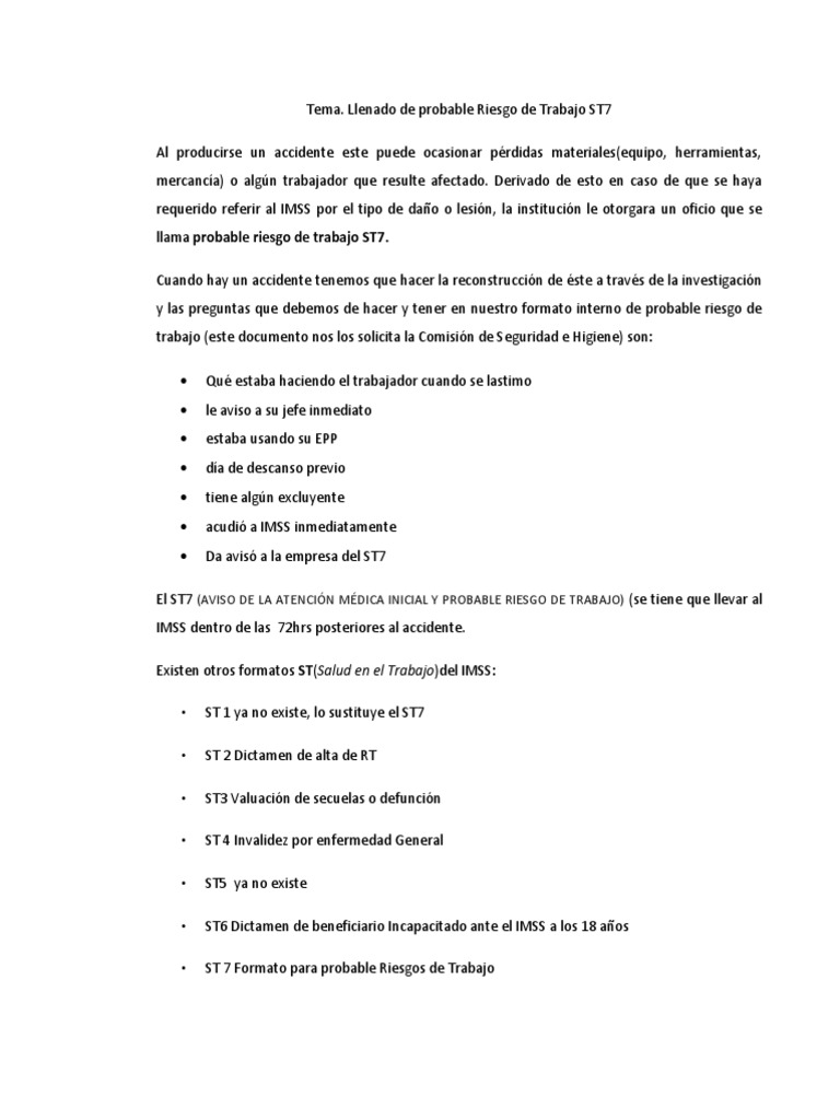 Tema 16 - Llenado de Probable Riesgo de Trabajo ST7 | PDF | Cuidado de ...