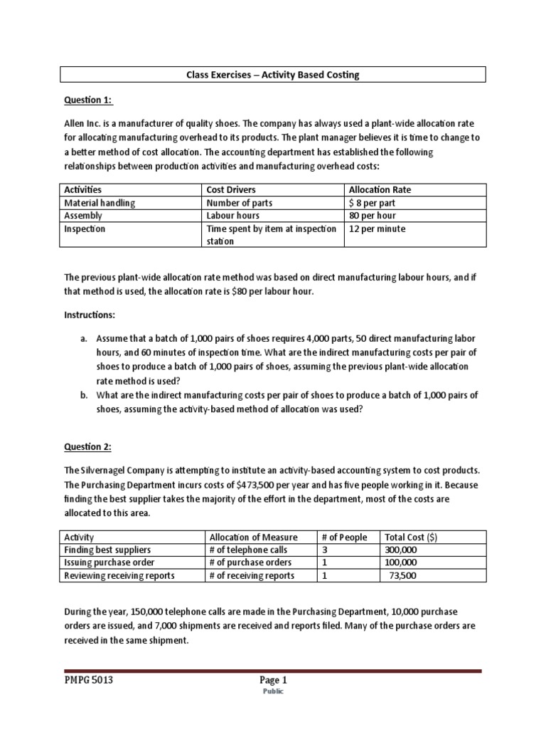 Class Exercises-Activity Based Costing | PDF | Cost | Production And ...