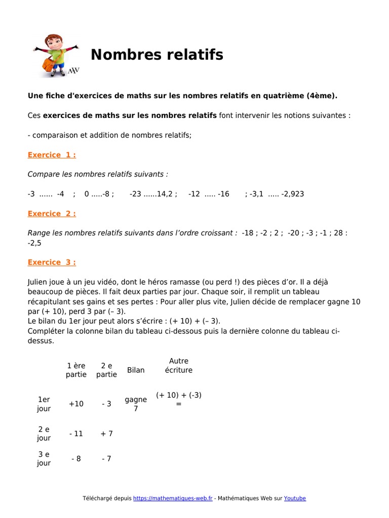 Exercices corrigés sur les nombres relatifs 4ème | PDF | Mathématiques