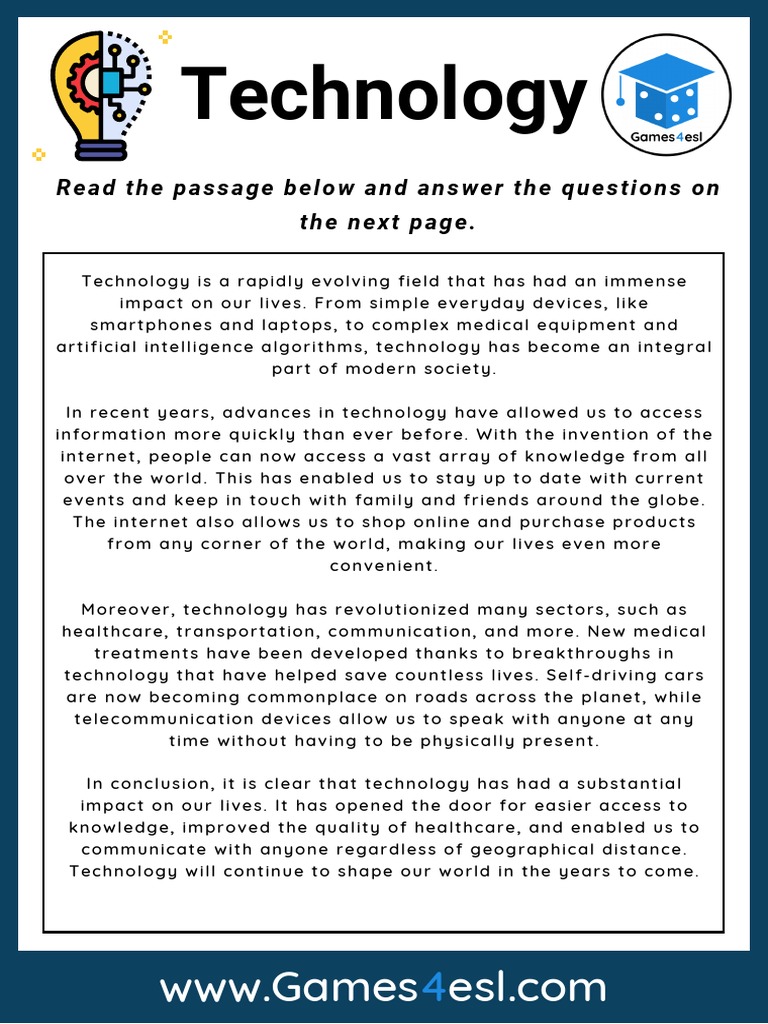 Reading Comprehension Worksheet Technology | PDF