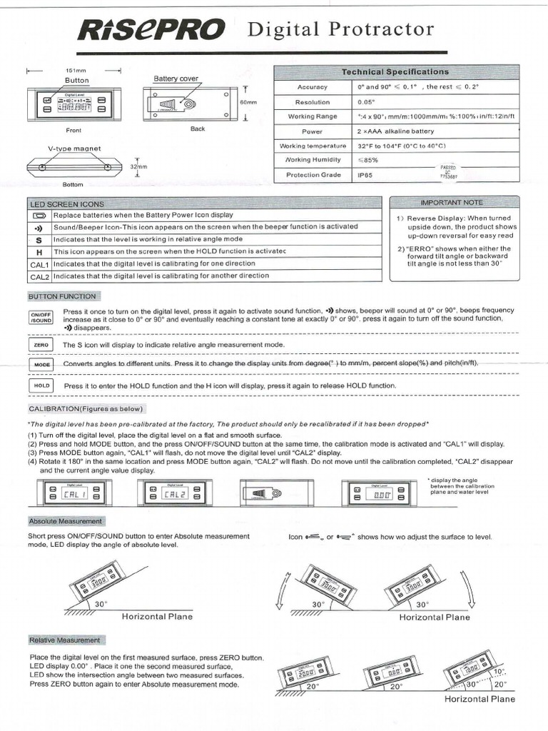 SGM ARC1 501 MEC CAE 25 0A RISEPRO Digital Inclinometer Protractor 7753687 | PDF