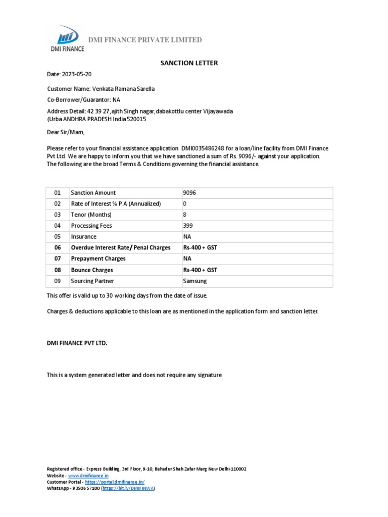 DMI Finance Loan Sanction Letter | PDF