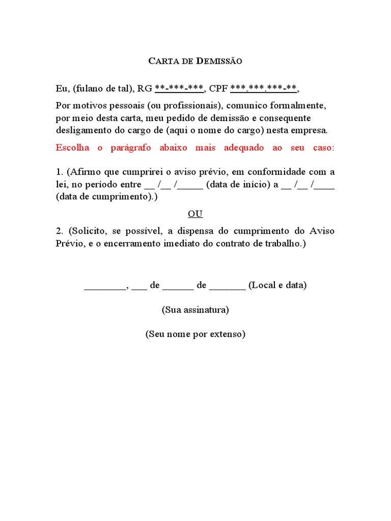 Modelo De Carta De Demissao Com 1 Mes De Antecedencia