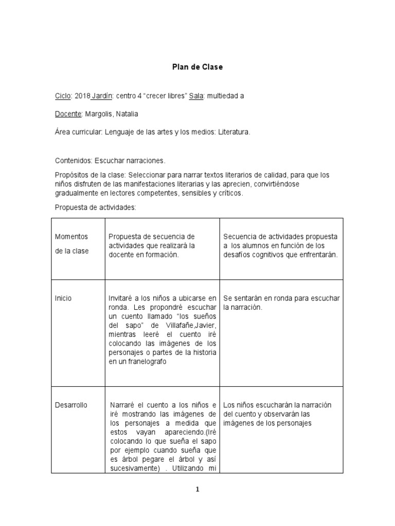 Plan de Clase Cuento - Los Sueños Del Sapo. Margolis | PDF | Narración ...