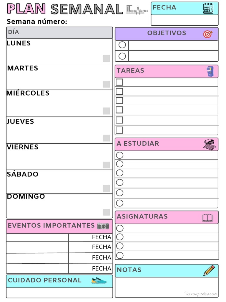 Planner Semanal Planificador de Estudio | PDF