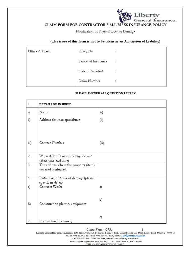 CONTRACTOR'S ALL RISKS - Claim Form | PDF | Insurance | Private Law
