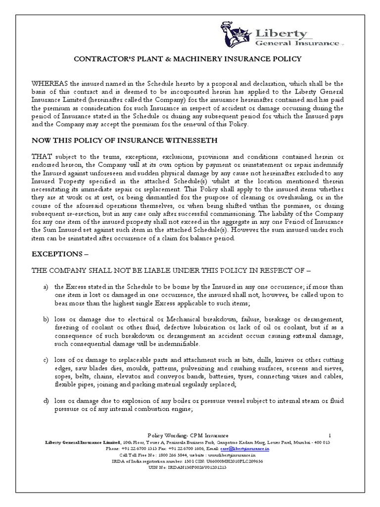 CONTRACTOR'S PLANT AND MACHINERY - Policy Wording | PDF | Insurance ...