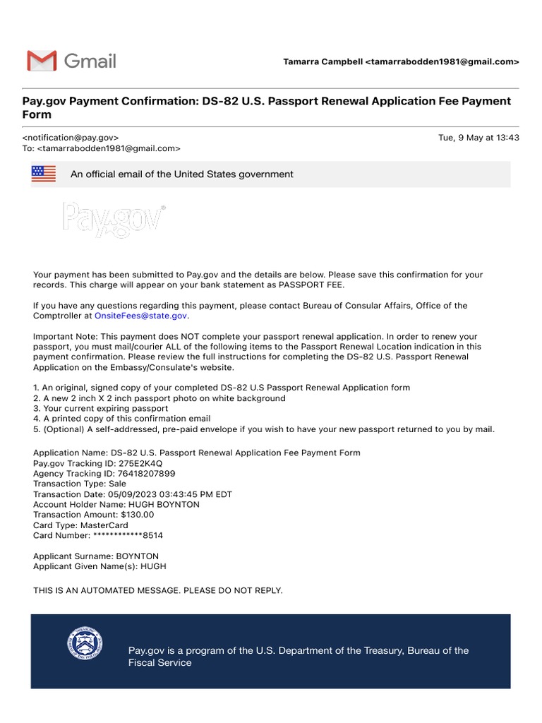 Pay - Gov Payment Confirmation DS-82 U.S. Passport Renewal Application ...