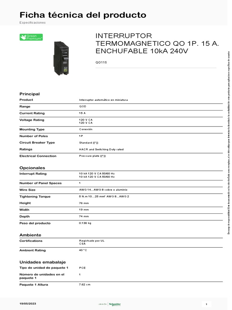 FICHA TÉCNICA Interruptores Termomagnéticos QO - QOB - QO115 | PDF | Elementos químicos ...