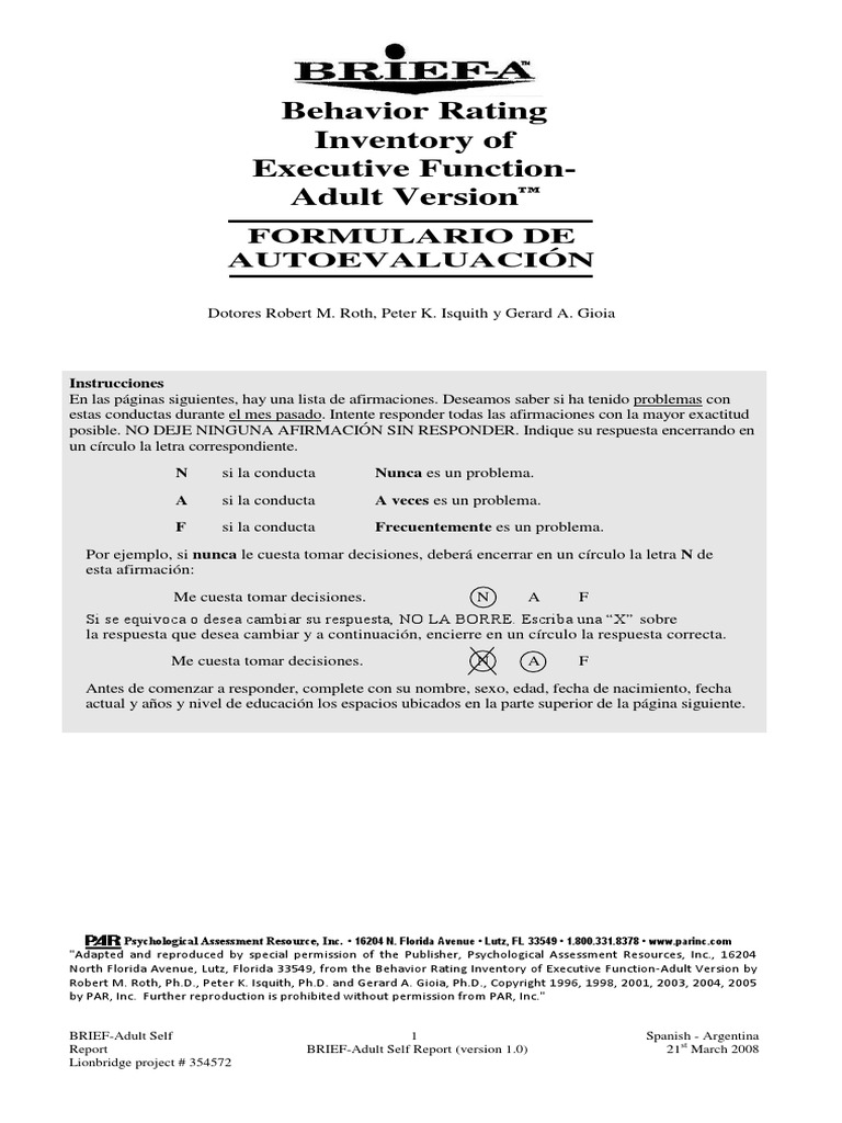 BRIEF-A Spanish - Argentina Self-Report | PDF