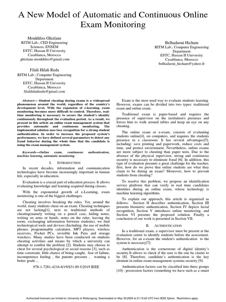 A New Model of Automatic and Continuous Online Exam Monitoring | PDF ...