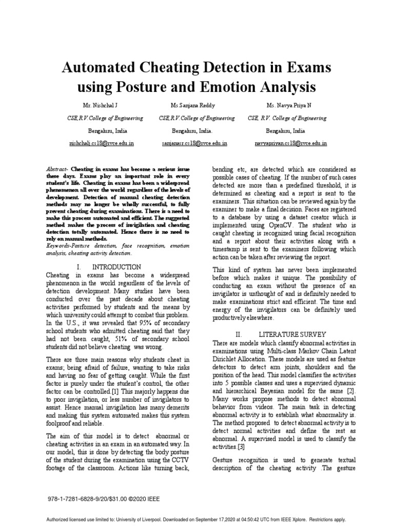 Automated Cheating Detection In Exams Using Posture And Emotion Analysis Download Free Pdf
