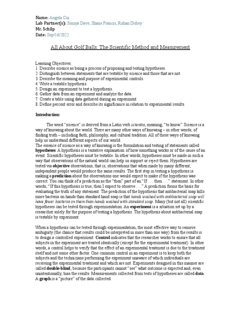 Angela Cui - Acc Golf Ball Lab | PDF | Outlier | Hypothesis