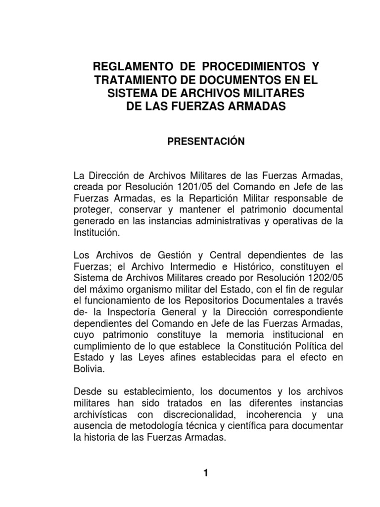 Reglamento Procedimientos Archivo Ffaa - Texto | PDF | Oficial general | Comandante en jefe