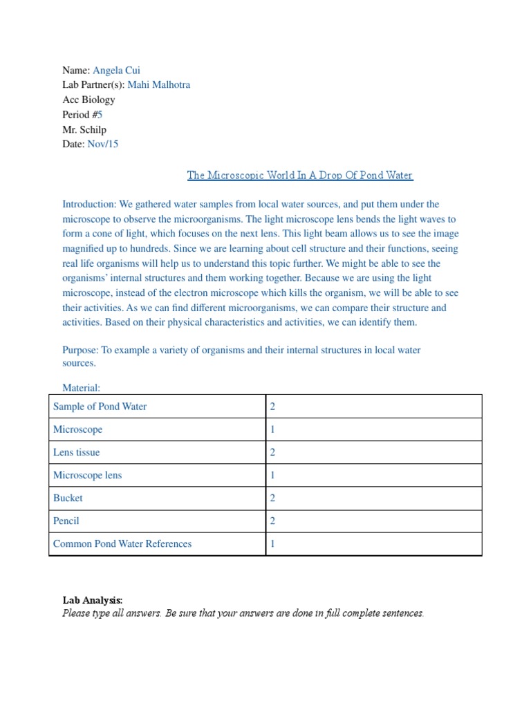 Biology - Pond Water Lab | Download Free PDF | Water Quality | Microscope
