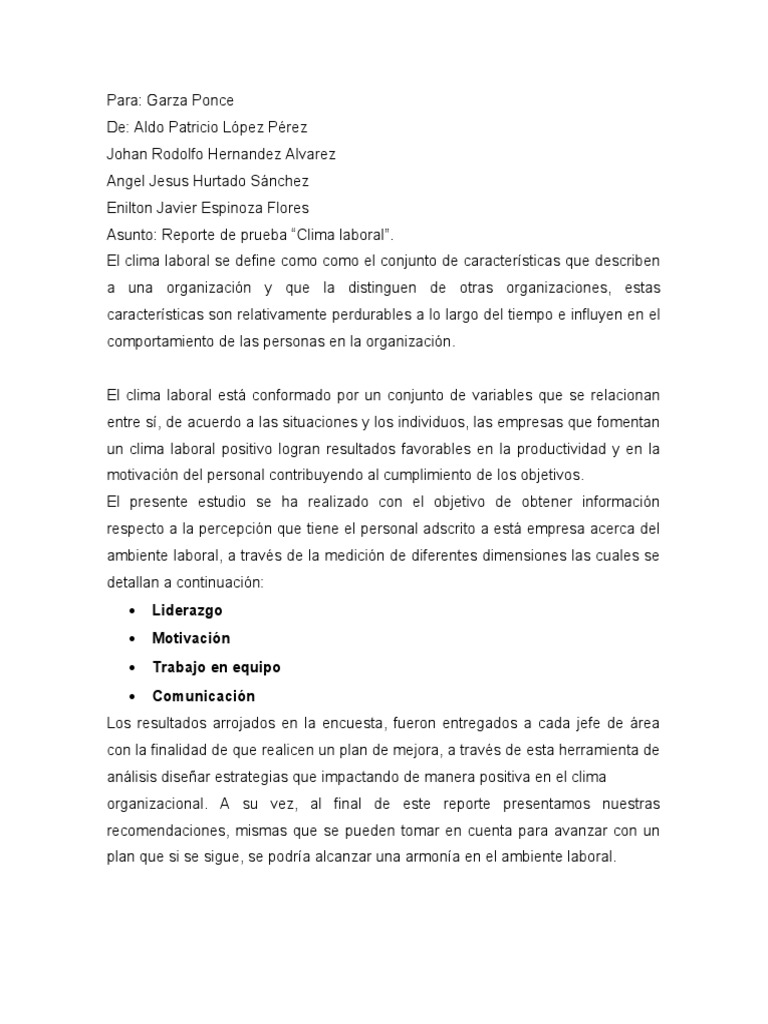 Reporte Ejecutivo Clima Laboral | PDF | Salario | Motivación