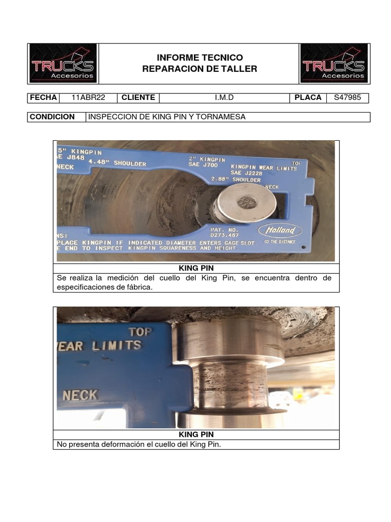 Informe Tecnico Inspeccion de King Pin y Tornamesa Trailer R47076 | PDF