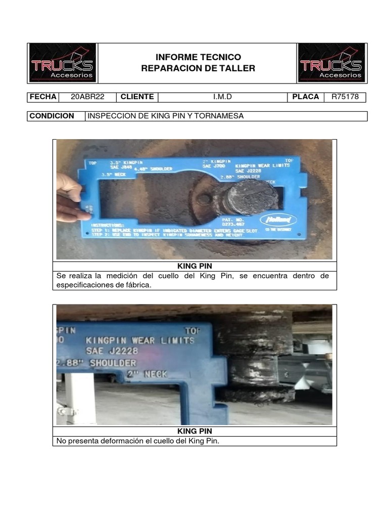 Informe Tecnico Inspeccion de King Pin y Tornamesa Trailer R75178 | PDF