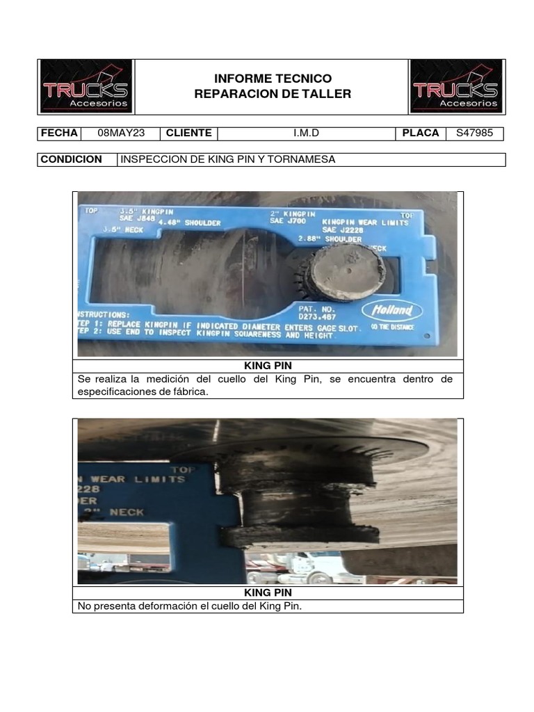 Informe Tecnico Inspeccion de King Pin y Tornamesa Trailer S47985 | PDF