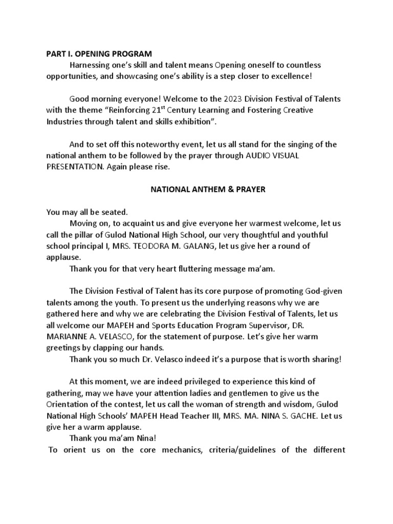 Emcee Script On Division Festiva of Talents | PDF