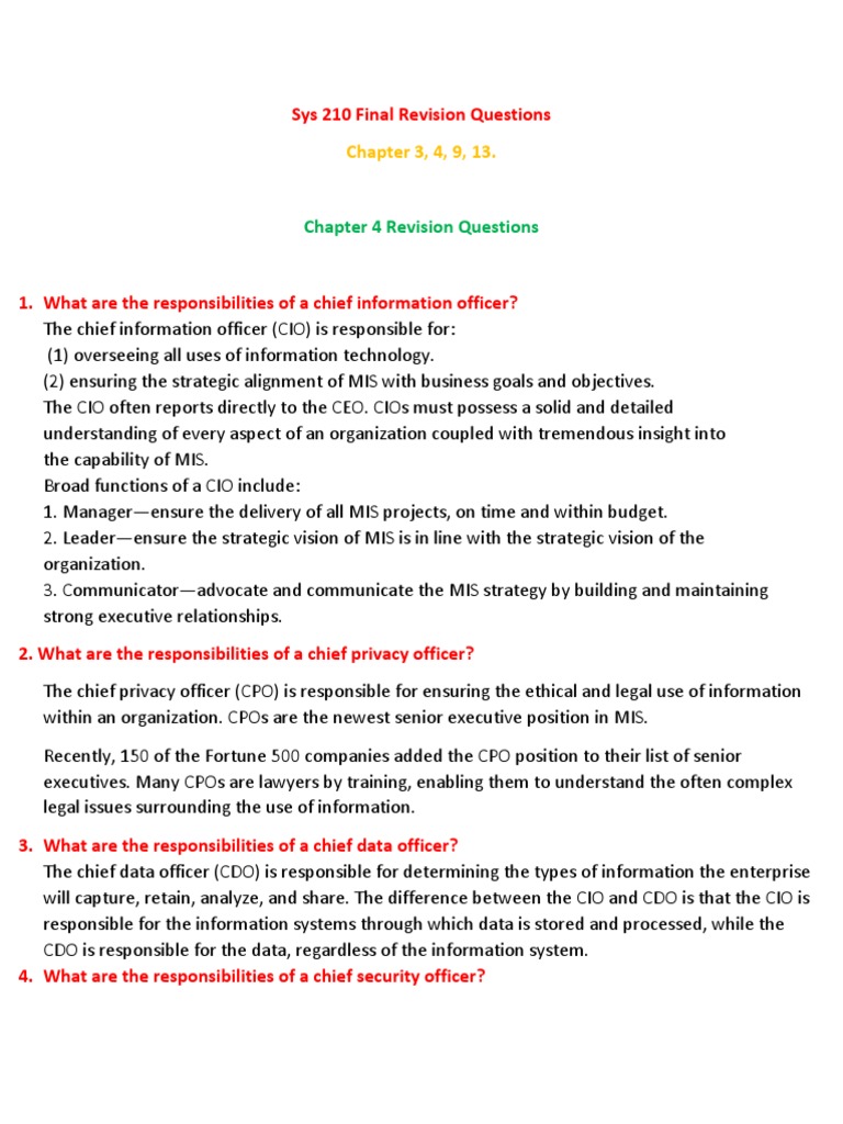 Sys 210 Final Revision Chapter 4 Questions | PDF | Performance Indicator | Chief Information Officer