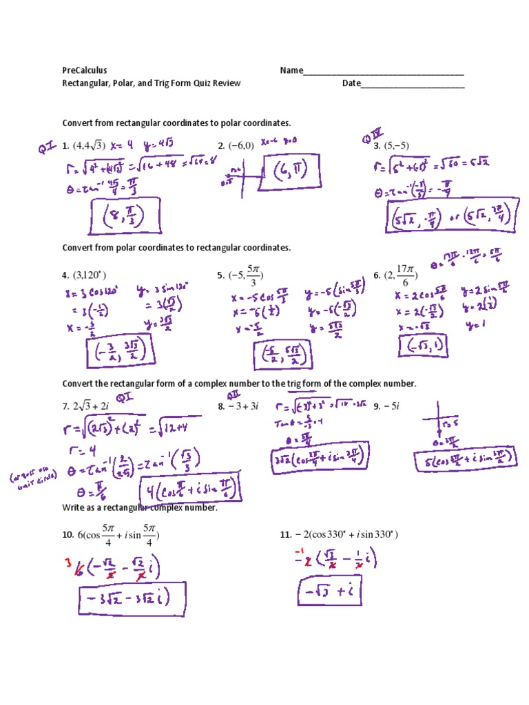 8 Rectangular, Polar, and Trig Form Quiz Review Key | PDF