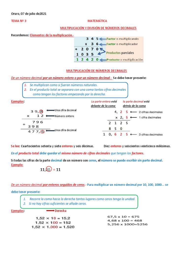 Tema #3 Multiplicación y División de Números Decimales | PDF