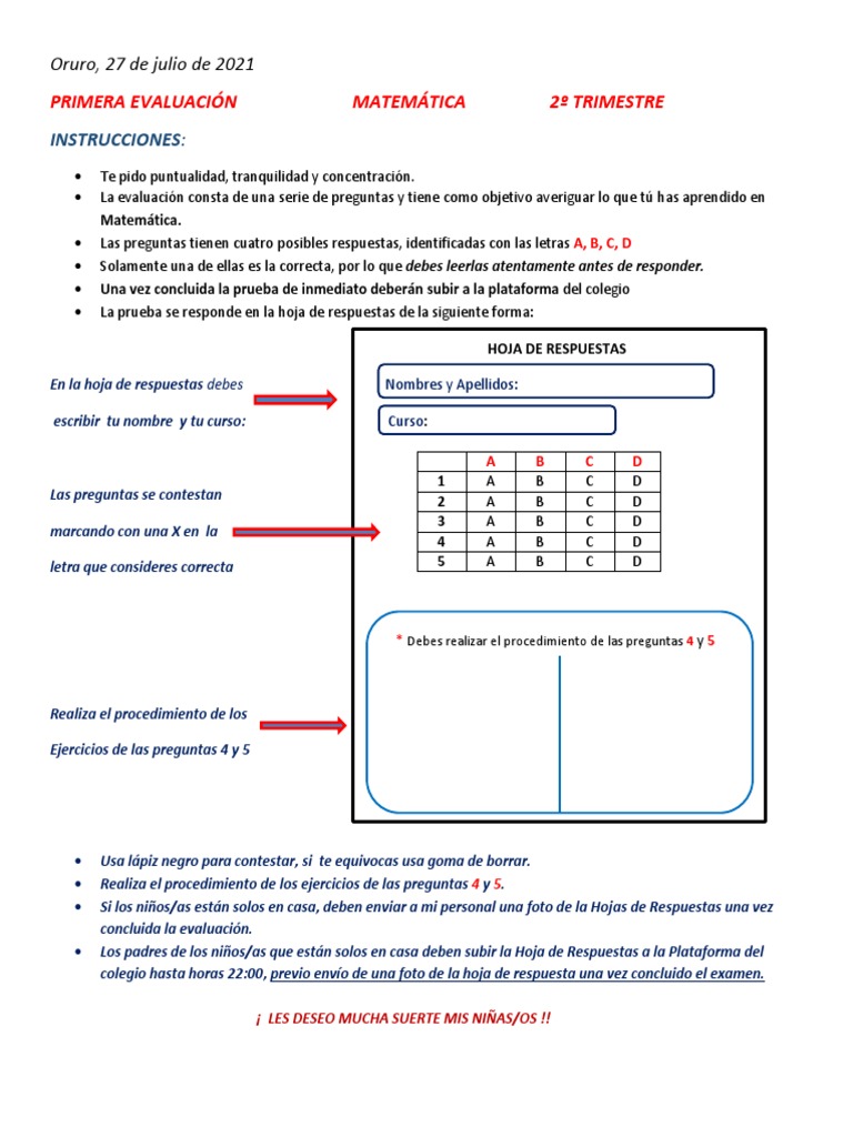 Instrucciones Primera Evaluación de Matemática | PDF