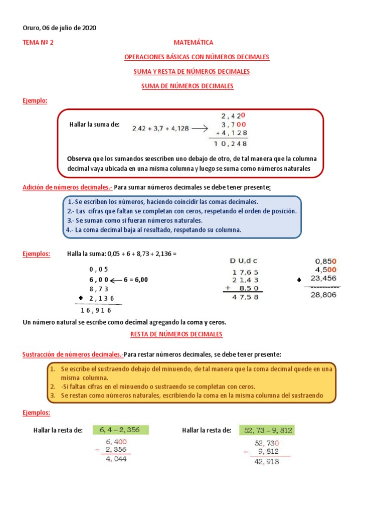 Operaciones Básicas con Decimales | PDF