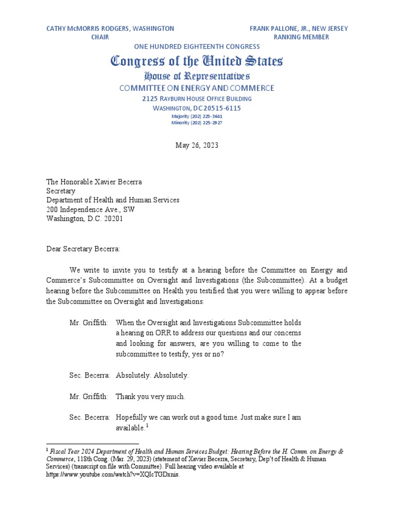 House Energy and Commerce Committee Letter To HHS Sec. Becerra | PDF ...