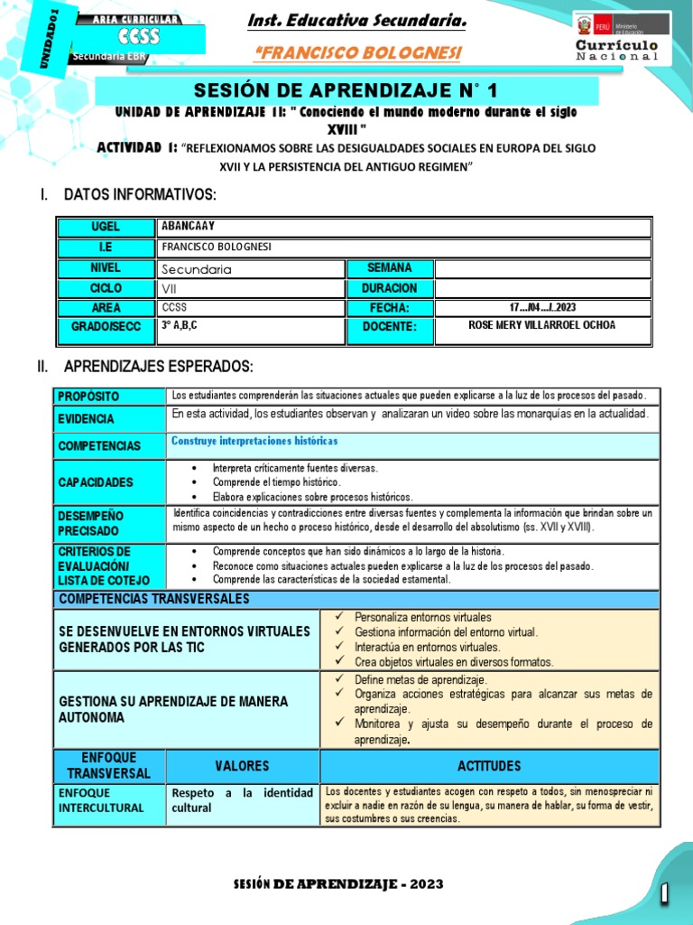 CC - SS 3ro SESION 01-UNIDAD II 2023 - VAL - Est. | PDF | Evaluación