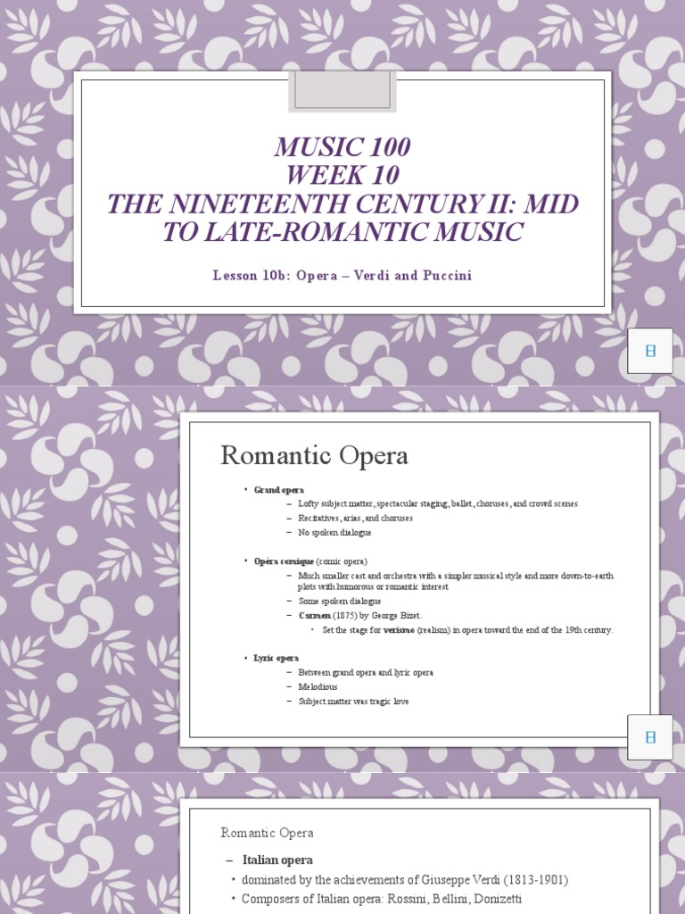 Music 100 Lesson 10b Mid-Late 19C Opera - Verdi Puccini | PDF | Giuseppe Verdi | Opera