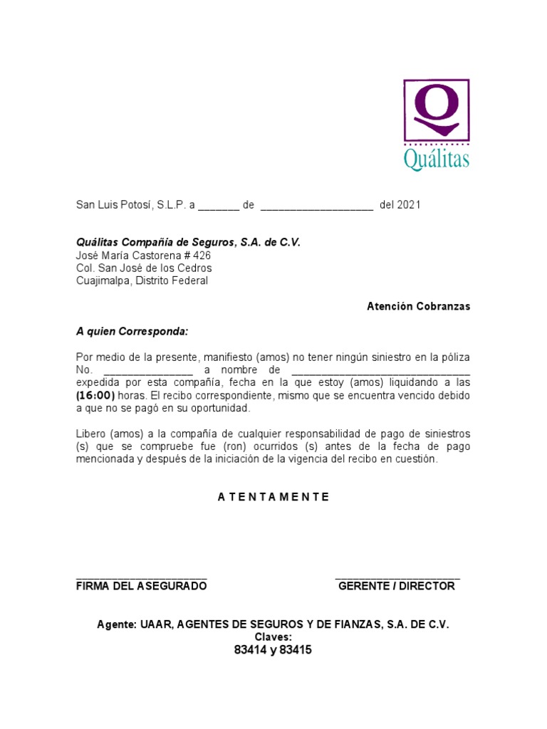 Carta de No Siniestro (Imprimir) | PDF