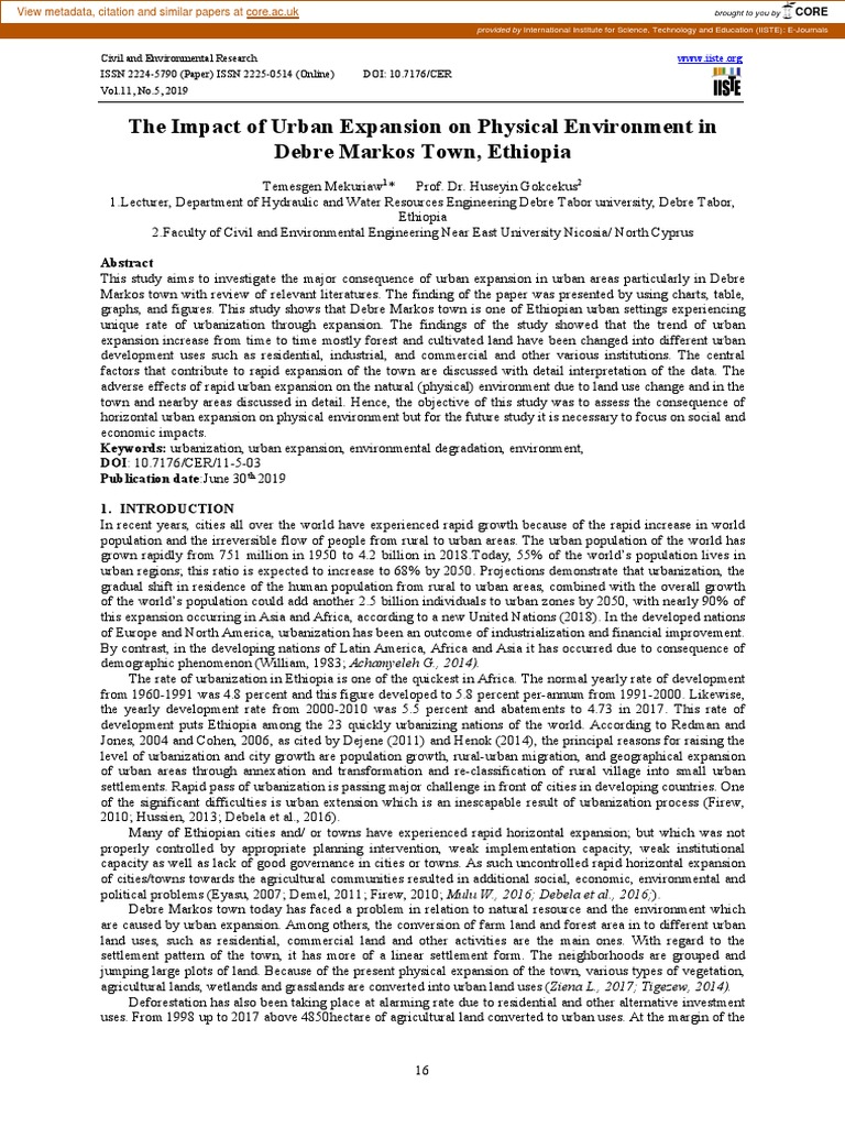 The Impact of Urban Expansion On Physical Environment in Debre Markos ...