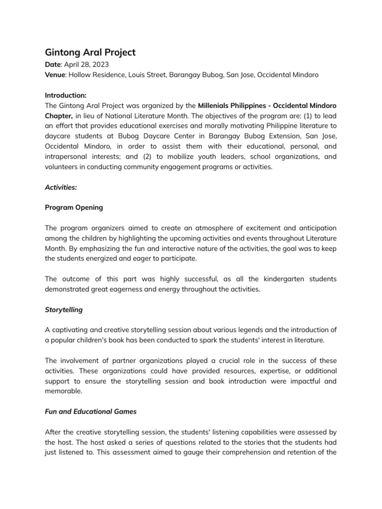 Narrative Report - Gintong Aral Project - Wave 1 | PDF | Storytelling ...