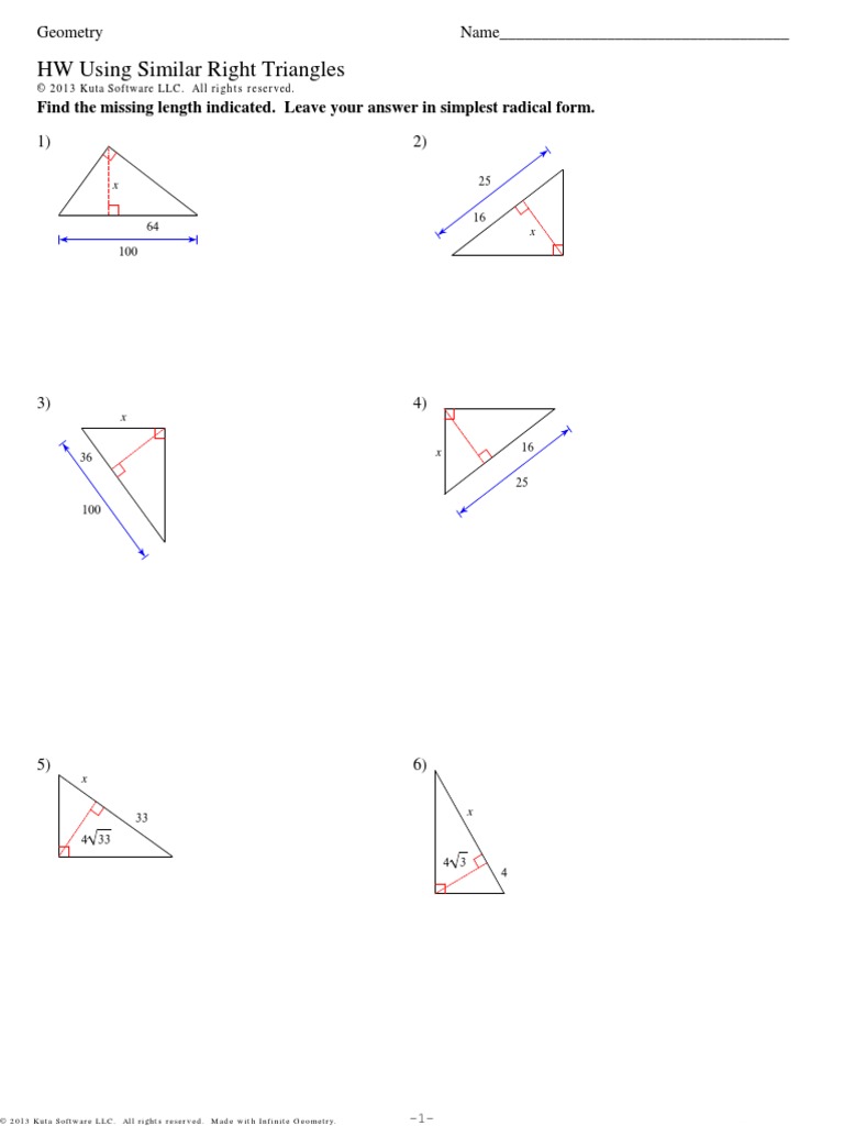 Geometry - CW Using Similar Right Triangles With Answers | PDF ...