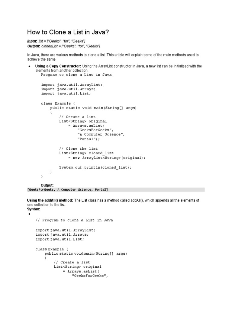 How To Clone A List in Java | PDF