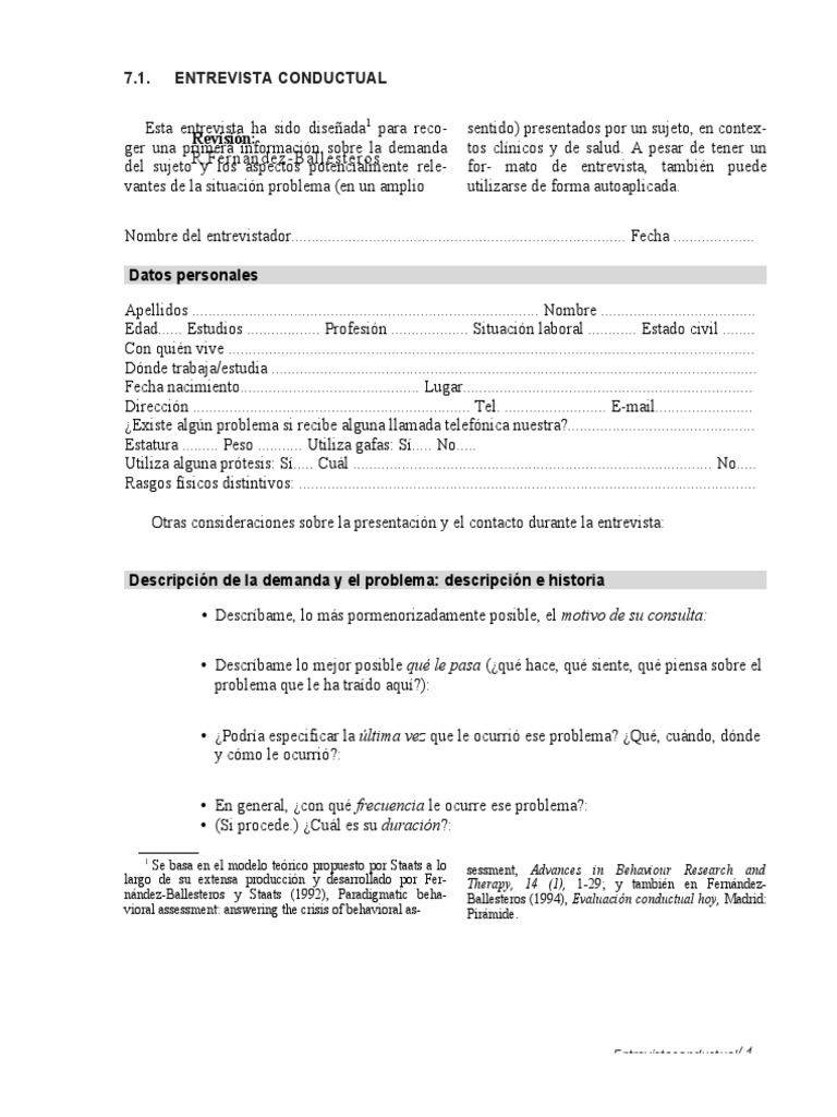 Entrevista Conductual de Fernandez Ballesteros | PDF | Juventud | Infancia