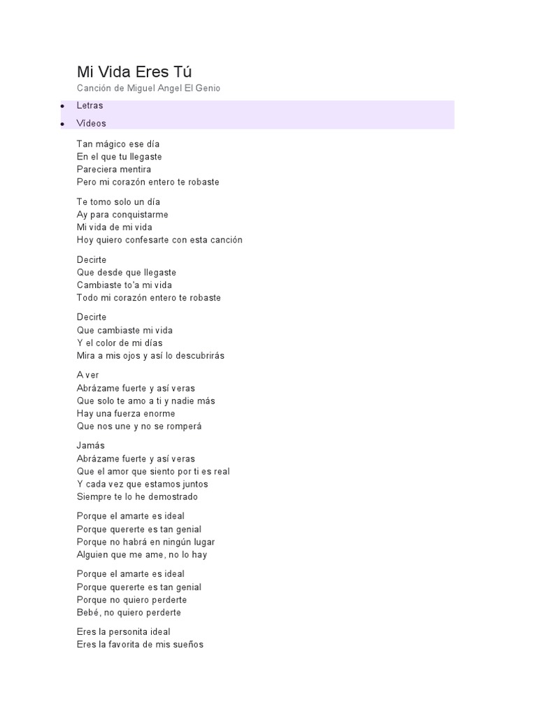 Letra de "Mi Vida Eres Tú" | PDF