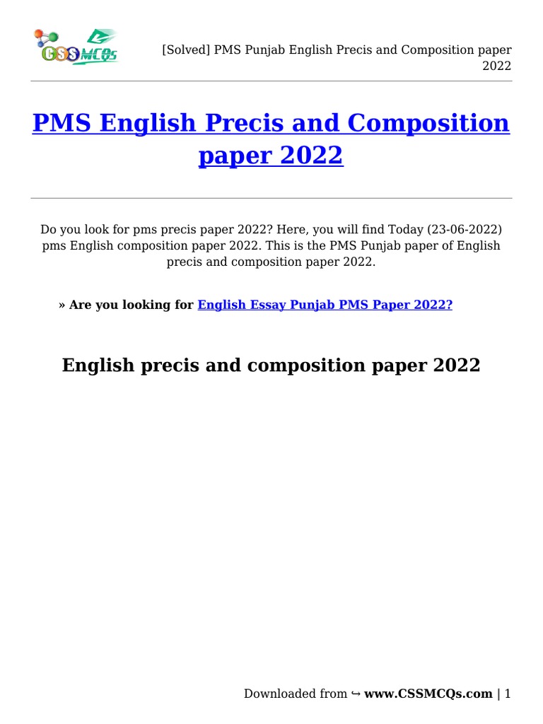 (Solved) PMS Punjab English Precis and Composition Paper 2022 | PDF ...