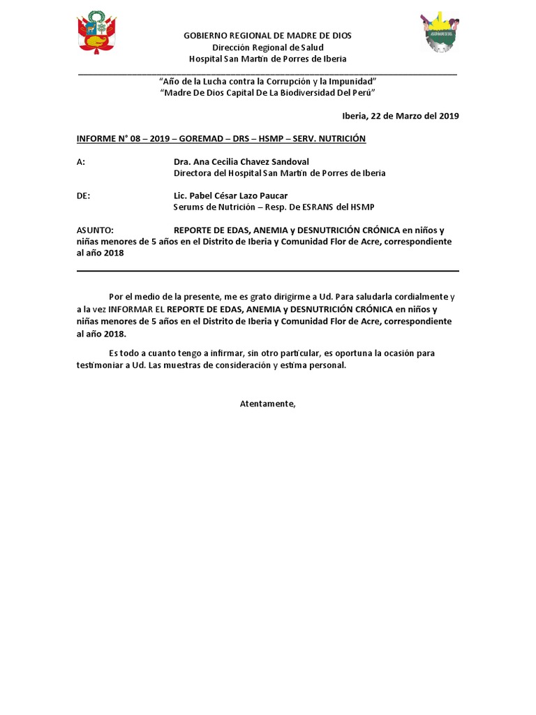 Informe 08 Reporte de Anemia, Edad y Dci 2018 IBERIA | PDF