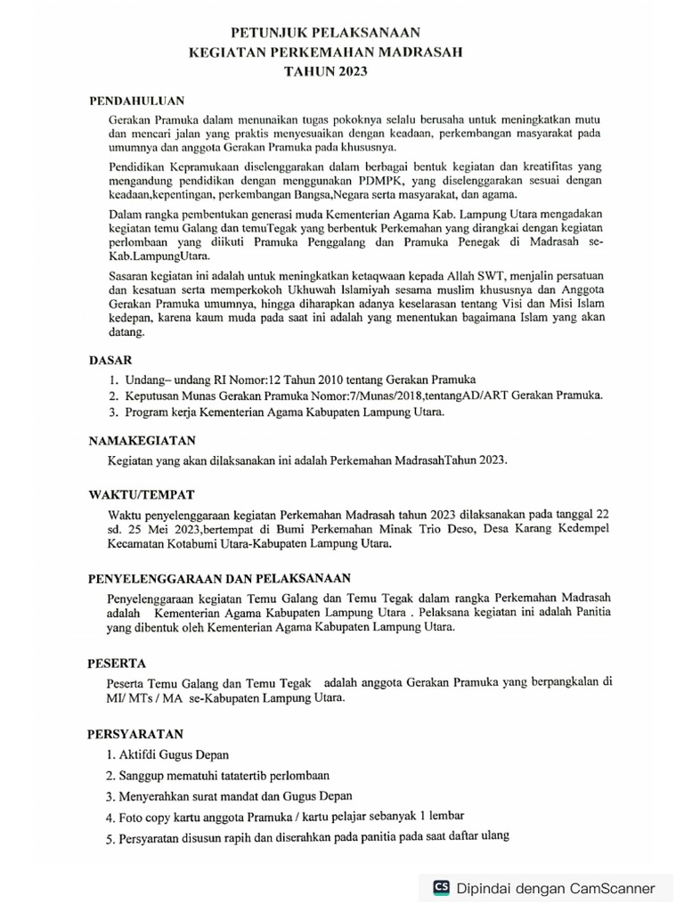 Petunjuk Pelaksanaan Kegiatan Perkemnahan Madrasah Th. 2023 | PDF