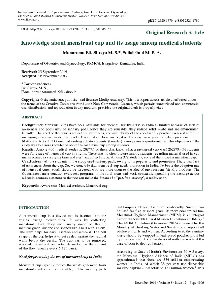 Knowledge About Menstrual Cup and Its Usage Among | PDF | Human ...