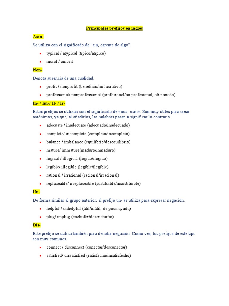 Principales prefijos en inglés y ejemplos | PDF | Artes del Lenguaje y ...