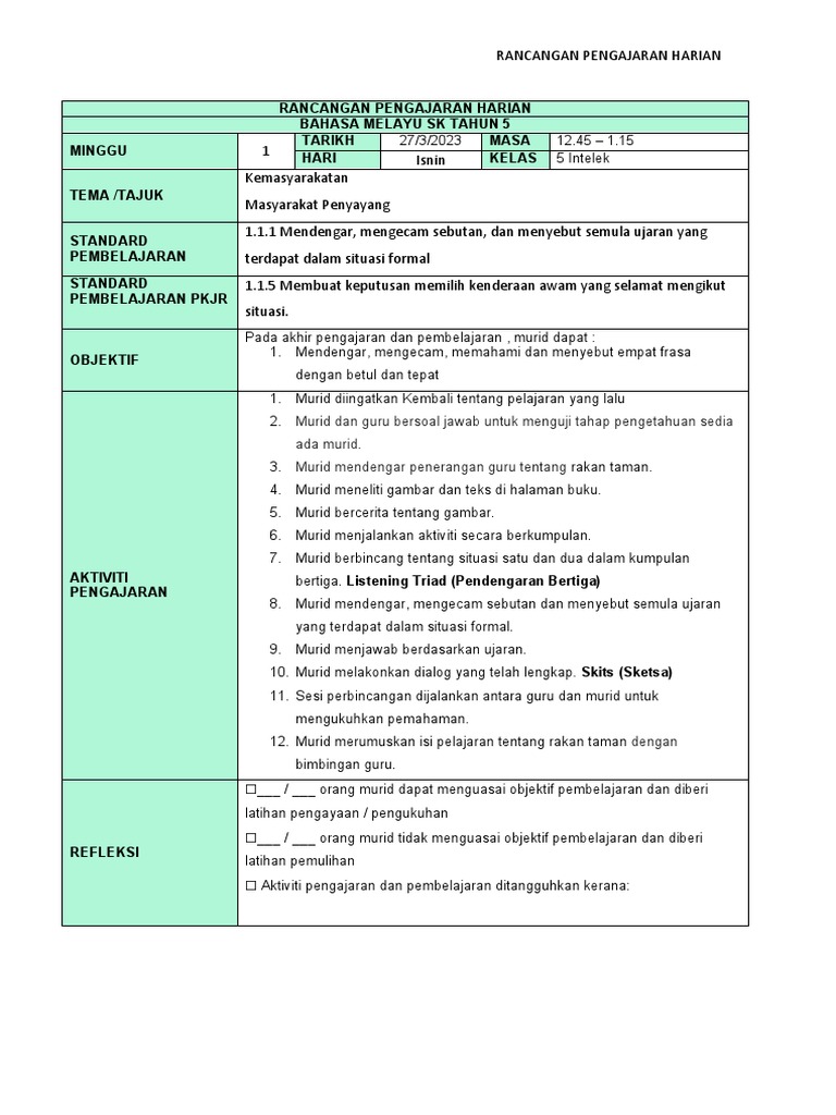 RPH Ringkas Minggu 1 | PDF